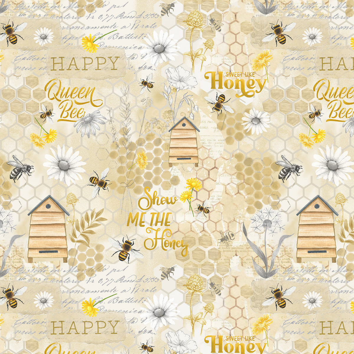 Bee Kind Bee Collage by Timeless Treasures CD3263-BEIGE – Blissfully ...